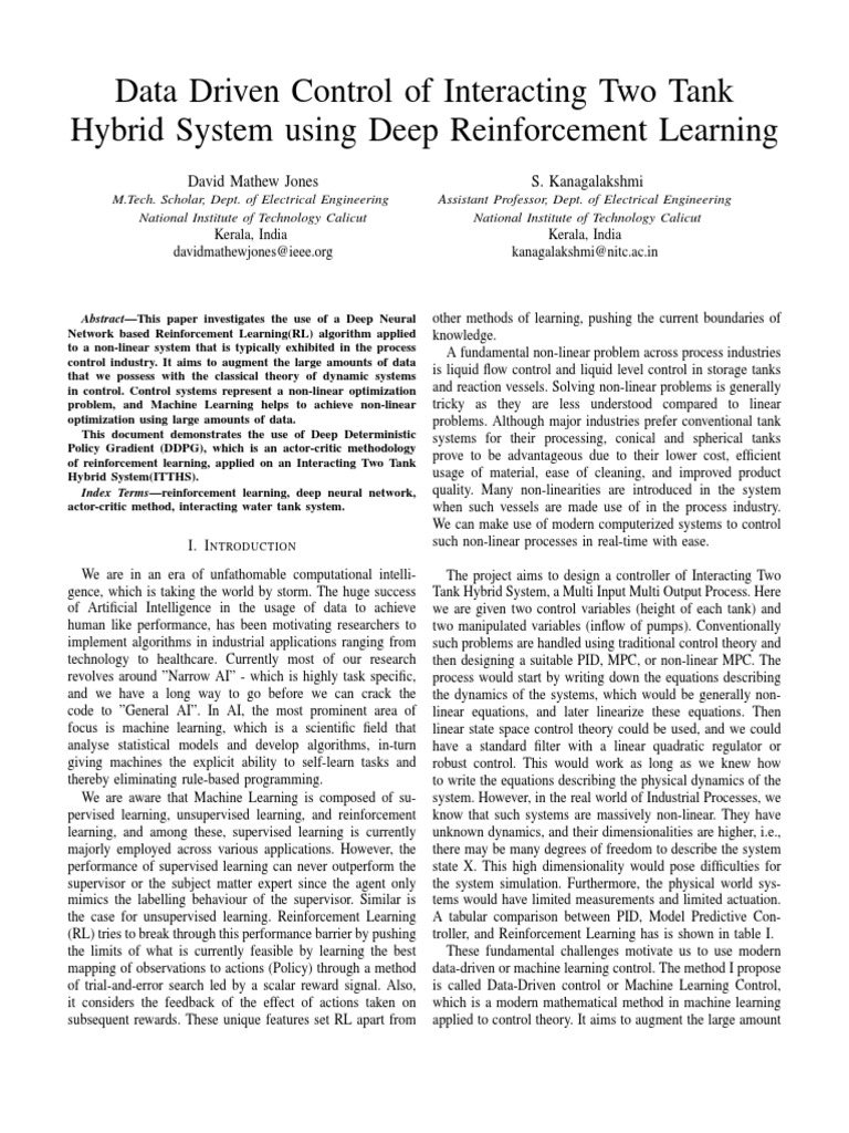 Data Driven Control of Interacting Two Tank Hybrid System Using Deep ...