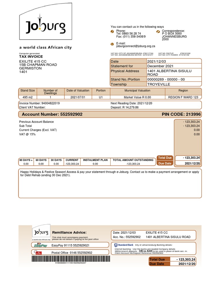 Contact and Payment Details for Municipal Services Statement from the ...