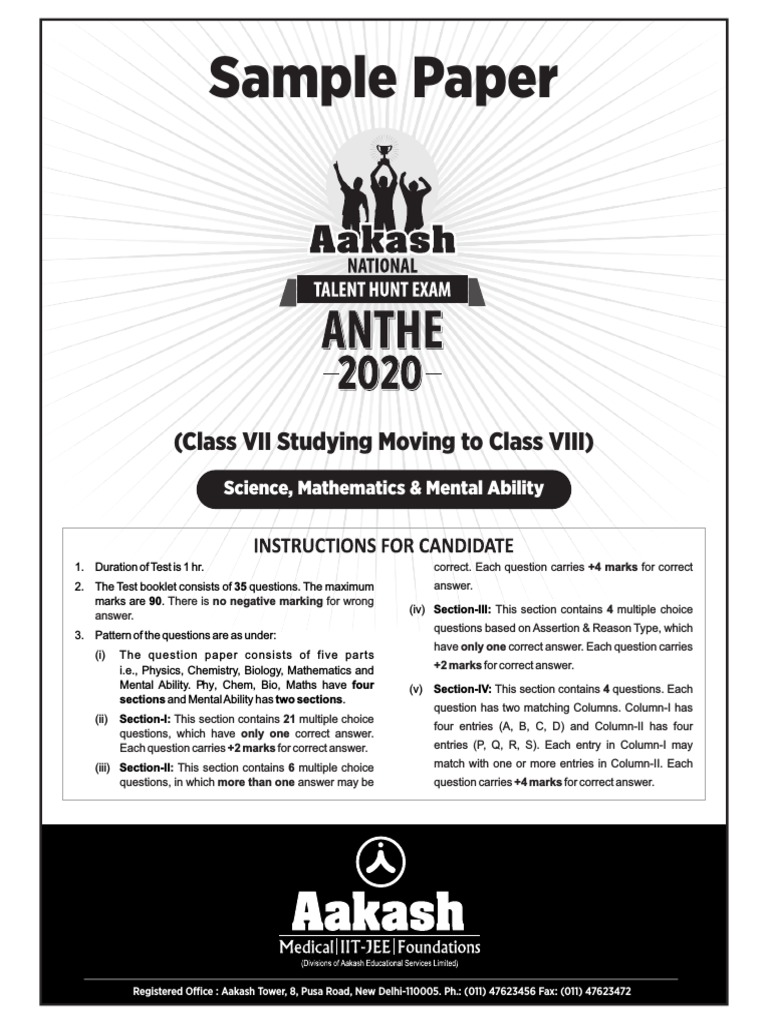 Aakash Sample Paper | PDF | Multiple Choice | Schools