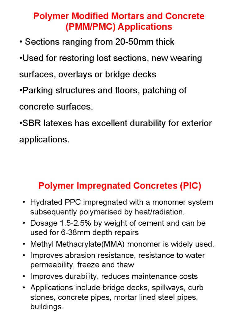 Polymer Modified Mortars and Concrete (PMM/PMC) Applications | PDF ...