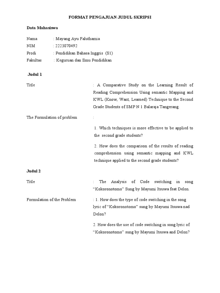 Format Pengajuan Judul Skripsi Data Mahasiswa | PDF