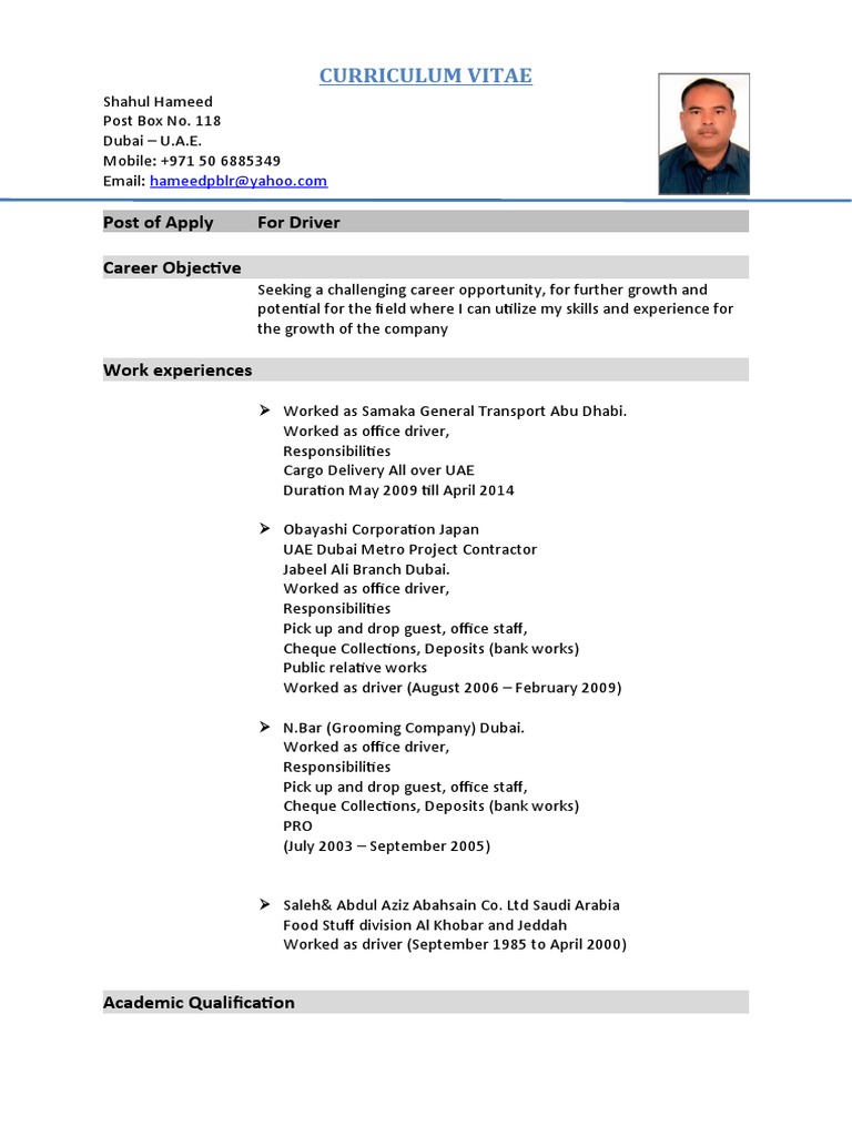 Curriculum Vitae: Post of Apply For Driver Career Objective | PDF ...