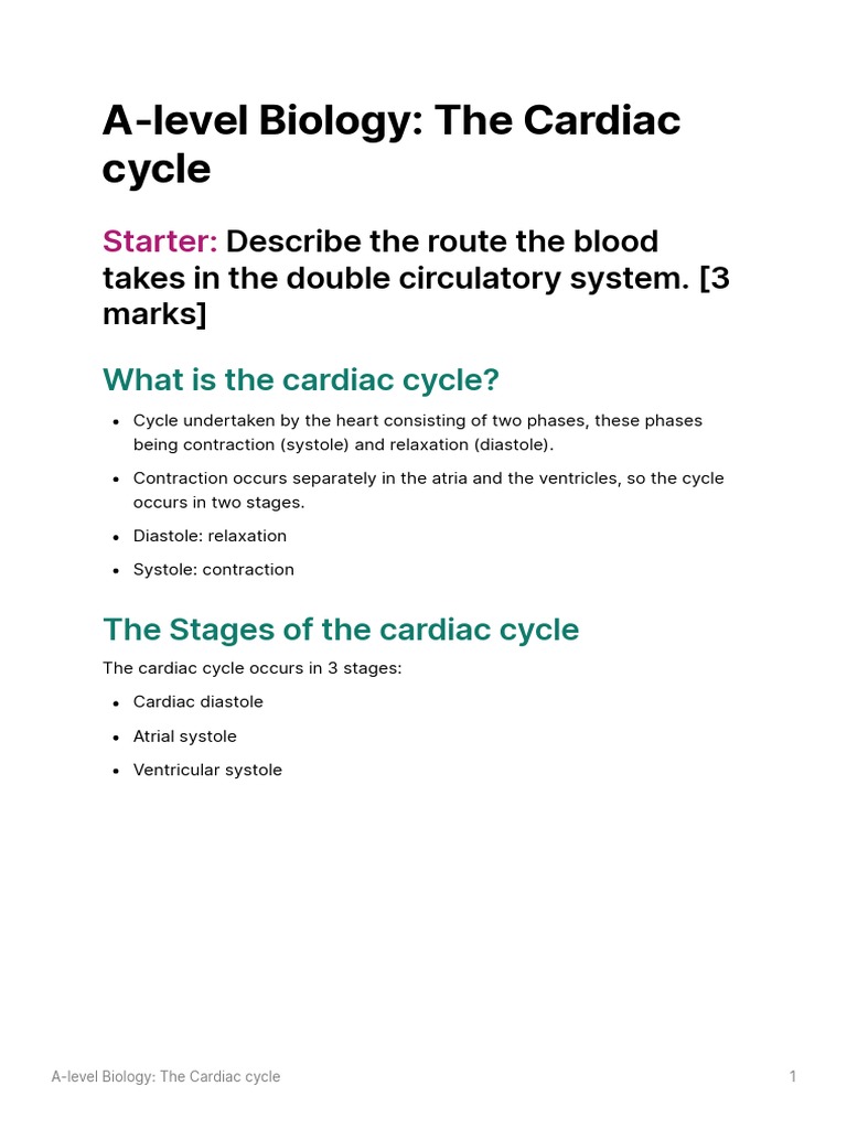 AQA A-Level Biology The Cardiac Cycle | Download Free PDF | Ventricle ...