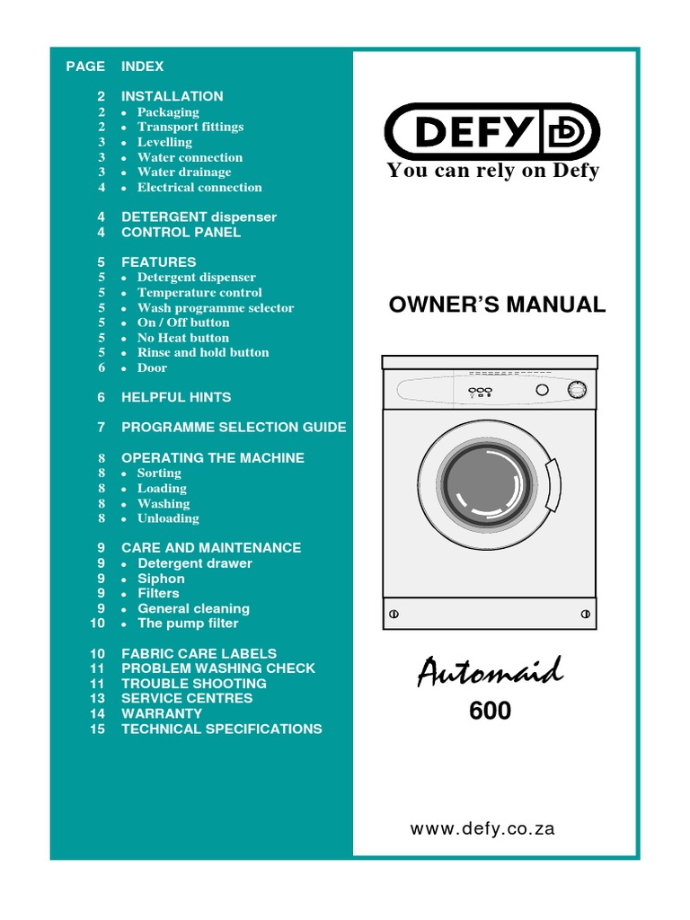 Defy Automaid 600 Washing Machine Owner S Manual Optimized | PDF ...