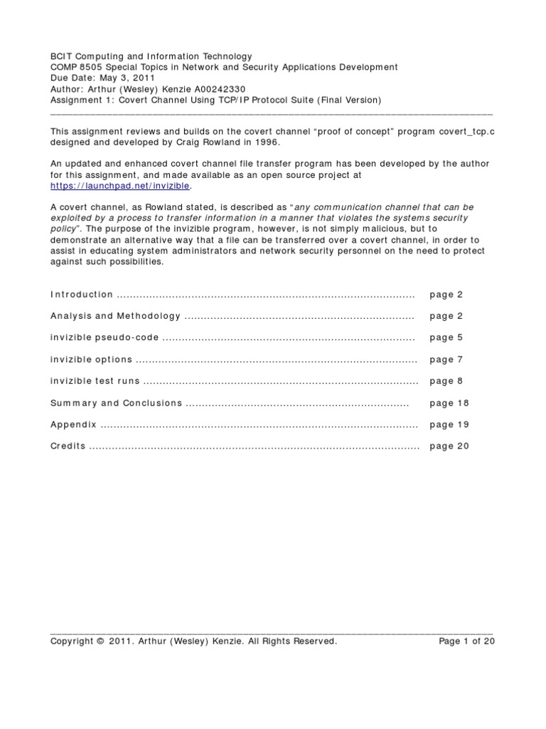 BCIT COMP 8505 Covert Channel File Transfer Assignment by Wesley Kenzie ...