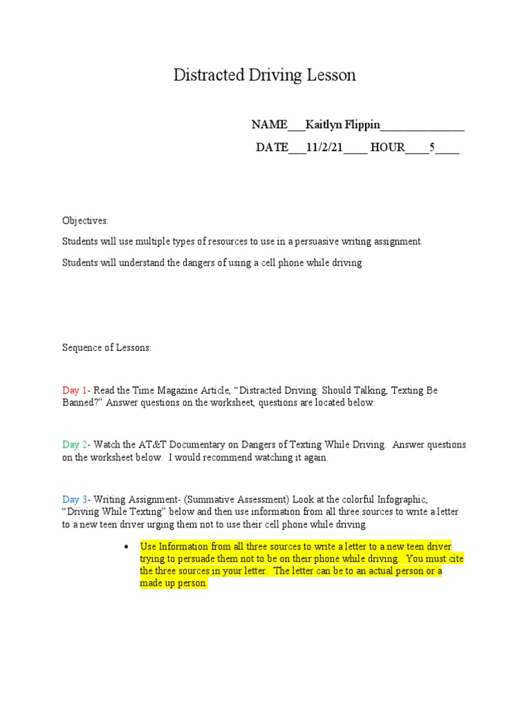 Distracted Driving Lesson Packet - 2021 | PDF | Mobile Phones | Text ...