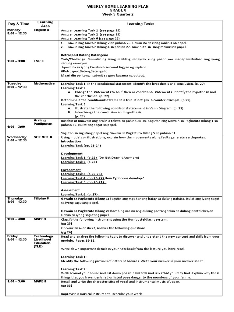 Grade 8 Weekly Home Learning Plan | PDF | Teaching Methods & Materials
