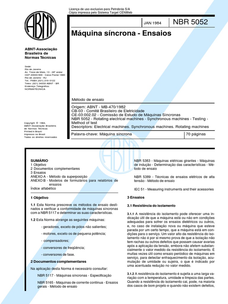 NBR 5052 - Máquina Síncrona - Ensaios | PDF | Resistência elétrica e condutividade | Rede elétrica