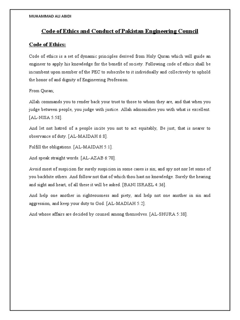 Code of Ethics and Conduct of Pakistan Engineering Council ZHS | PDF ...