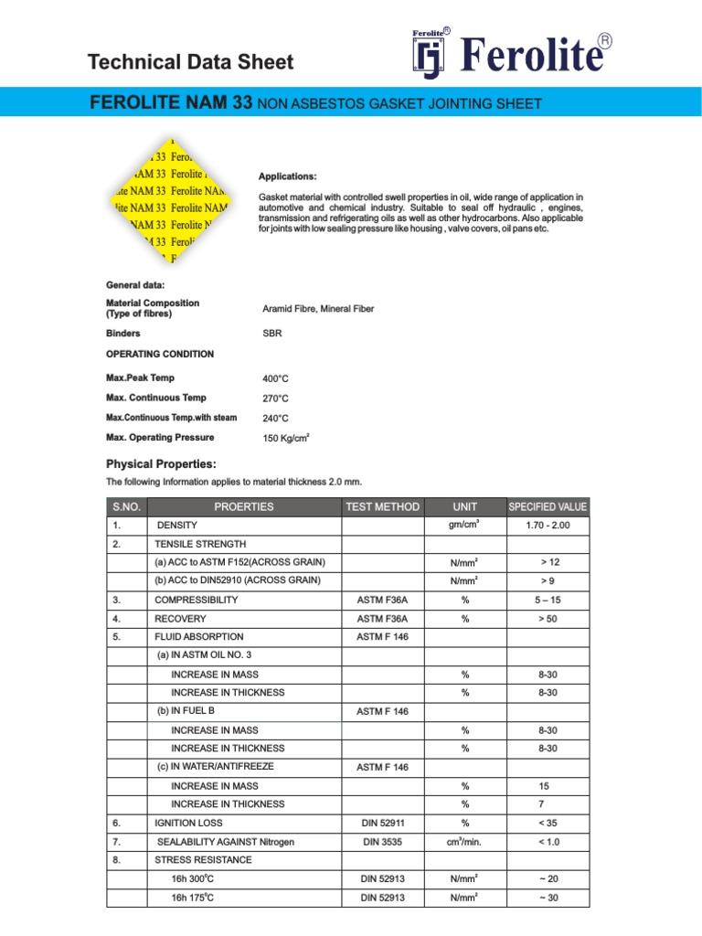 Technical Data Sheet: Ferolite Nam 33 | PDF | Fibers | Materials