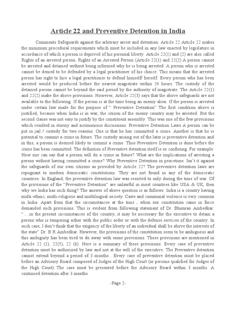 Article 22 and Preventive Detention in India | PDF | Detention ...