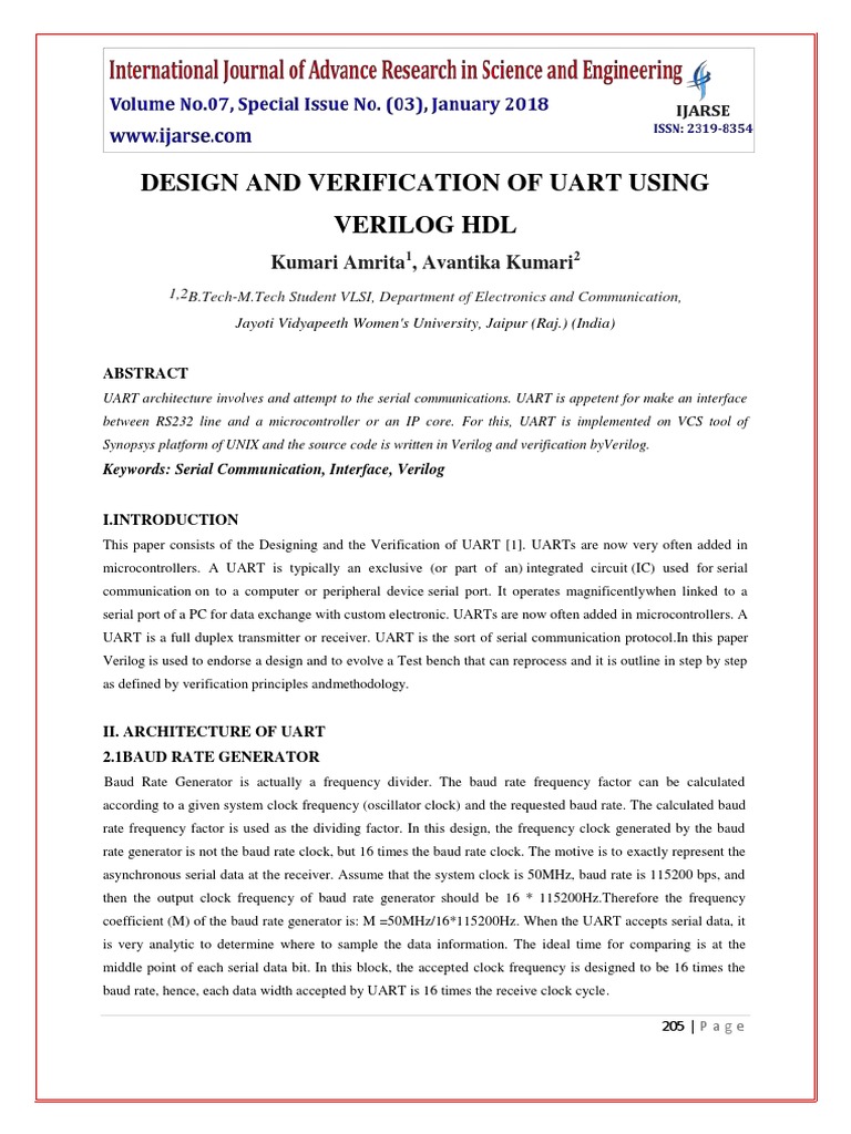 Design and Verification of Uart Using Verilog HDL: Kumari Amrita ...