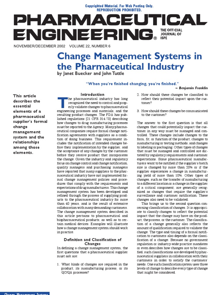 Change Management Systems in The Pharmaceutical Industry | PDF | Specification (Technical ...