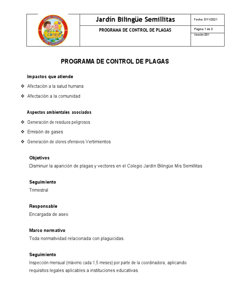 Programa Control de Plagas Colegio Bilingue Semillitas | PDF ...