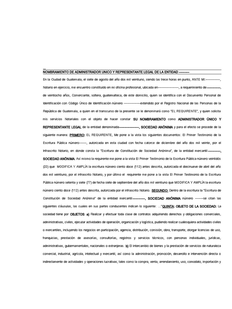 Nombramiento de Administrador Unico y Representante Legal Minuta | PDF ...