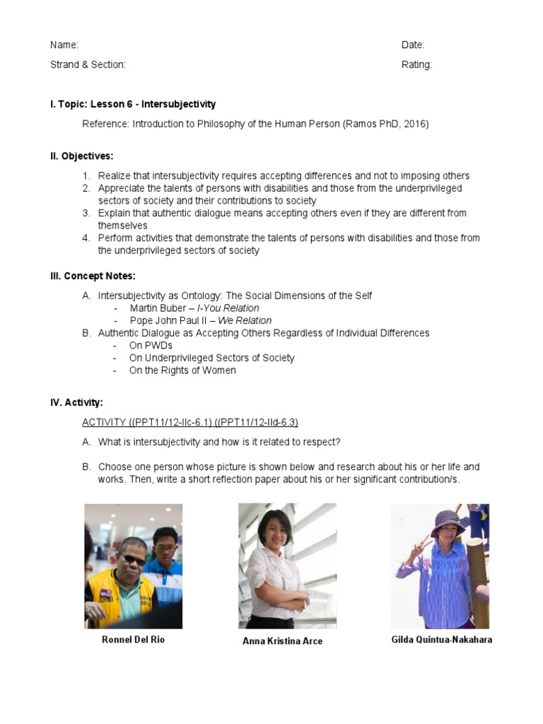 I. Topic: Lesson 6 - Intersubjectivity: Anna Kristina Arce Gilda Quintua-Nakahara Ronnel Del Rio ...