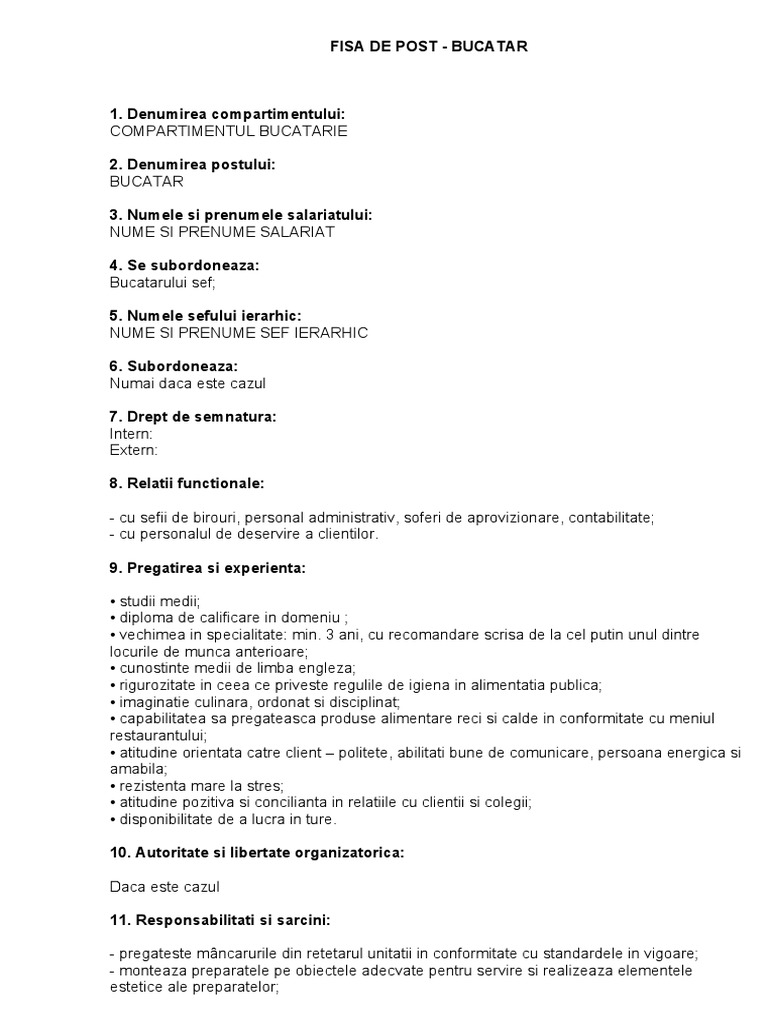 Fisa de Post Bucatar | PDF