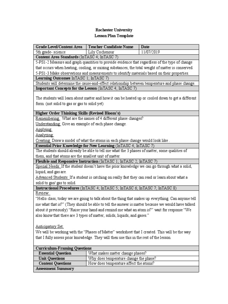 Fifth Grade Science Lesson Plan | PDF | Phase (Matter) | Water
