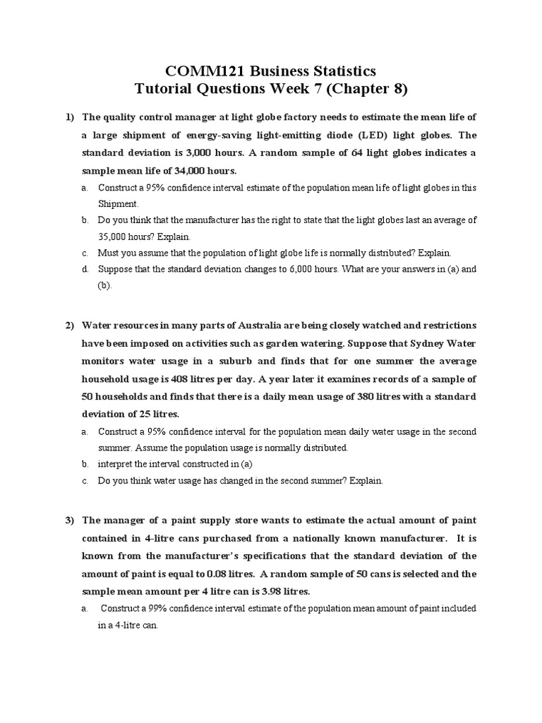 Tutorial Questions Week 7 Pdf Confidence Interval Standard 5521