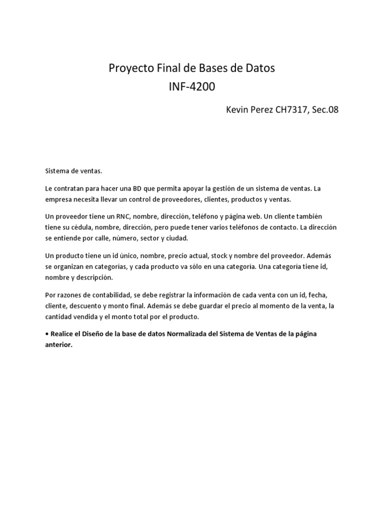 Proyecto Final de Bases de Datos Kevin Perez CH7317 | PDF | SQL | Software de gestión de datos