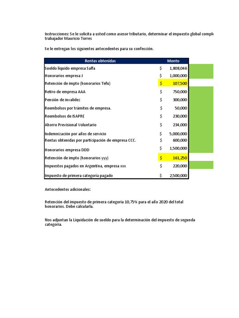 Ejemplo Ejercicio Impuesto Global Complementario | PDF | Impuestos | Mercado (economía)