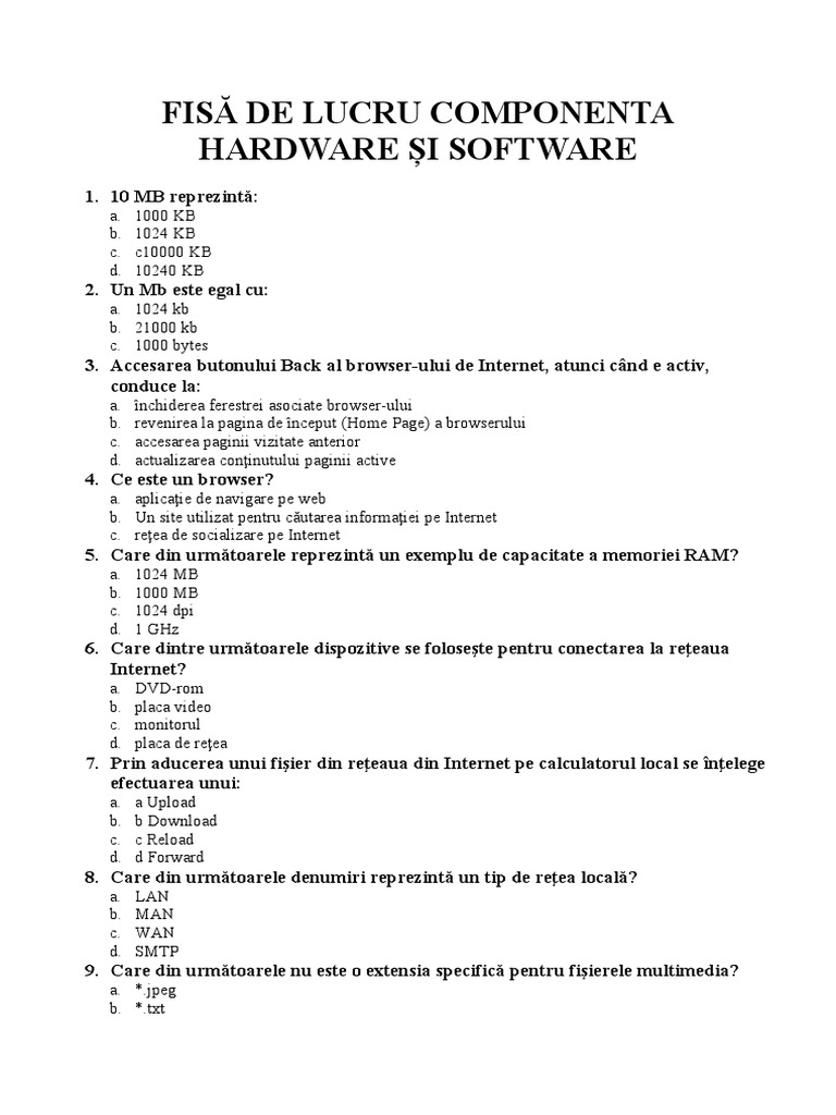 Fisa de Lucru Componenta Hardware Si Software | PDF