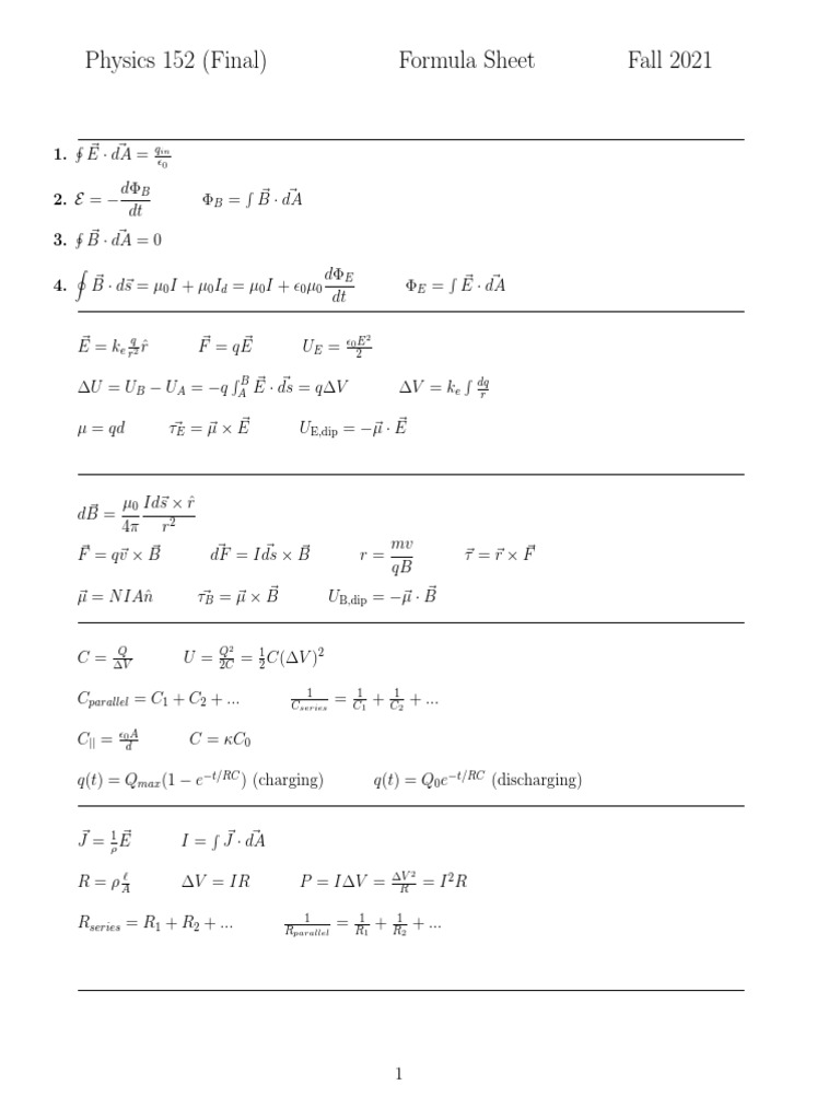 Physics 152 (Final) Formula Sheet Fall 2021 | PDF | Optics | Space