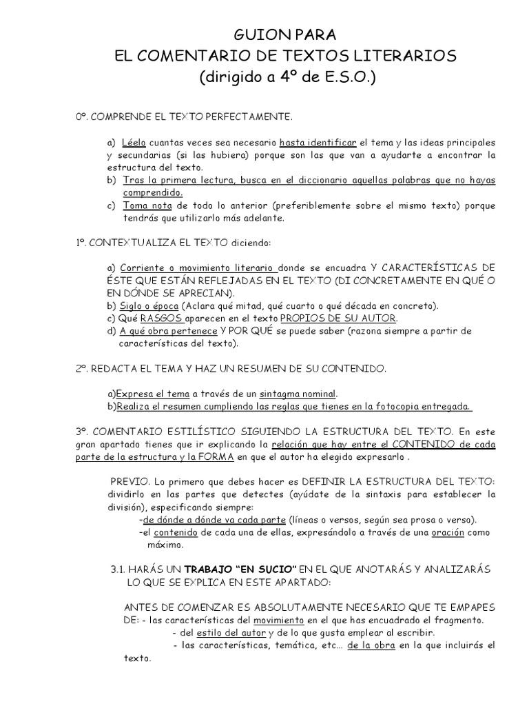 GUION PARA EL COMENTARIO DE TEXTOS. Con Autor (4º E.S.O.) .Pages | PDF ...