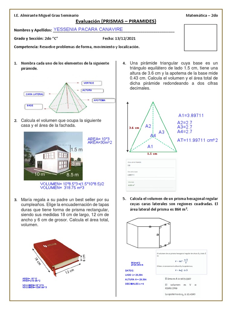 Evaluacion 2do Prisma y Piramides | PDF | Geometría euclidiana | Formas geométricas