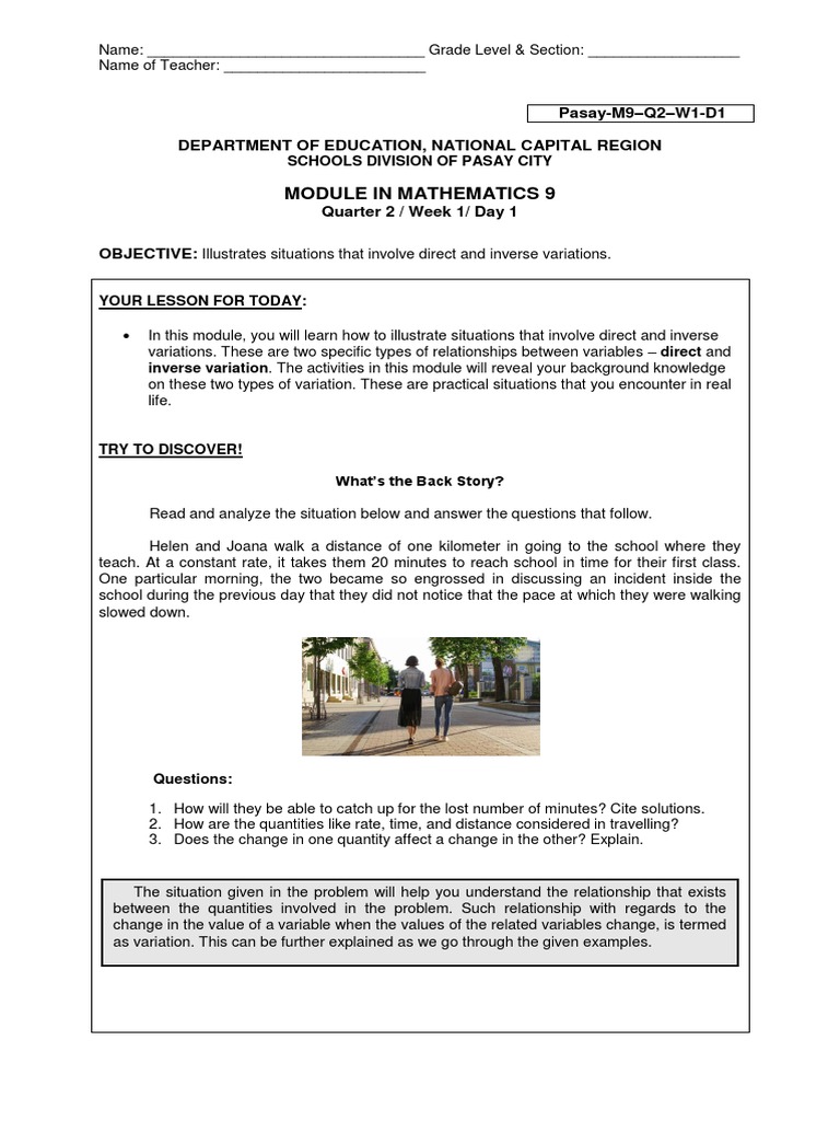Module in Mathematics 9: Pasay-M9 - Q2-W1-D1 Department of Education ...
