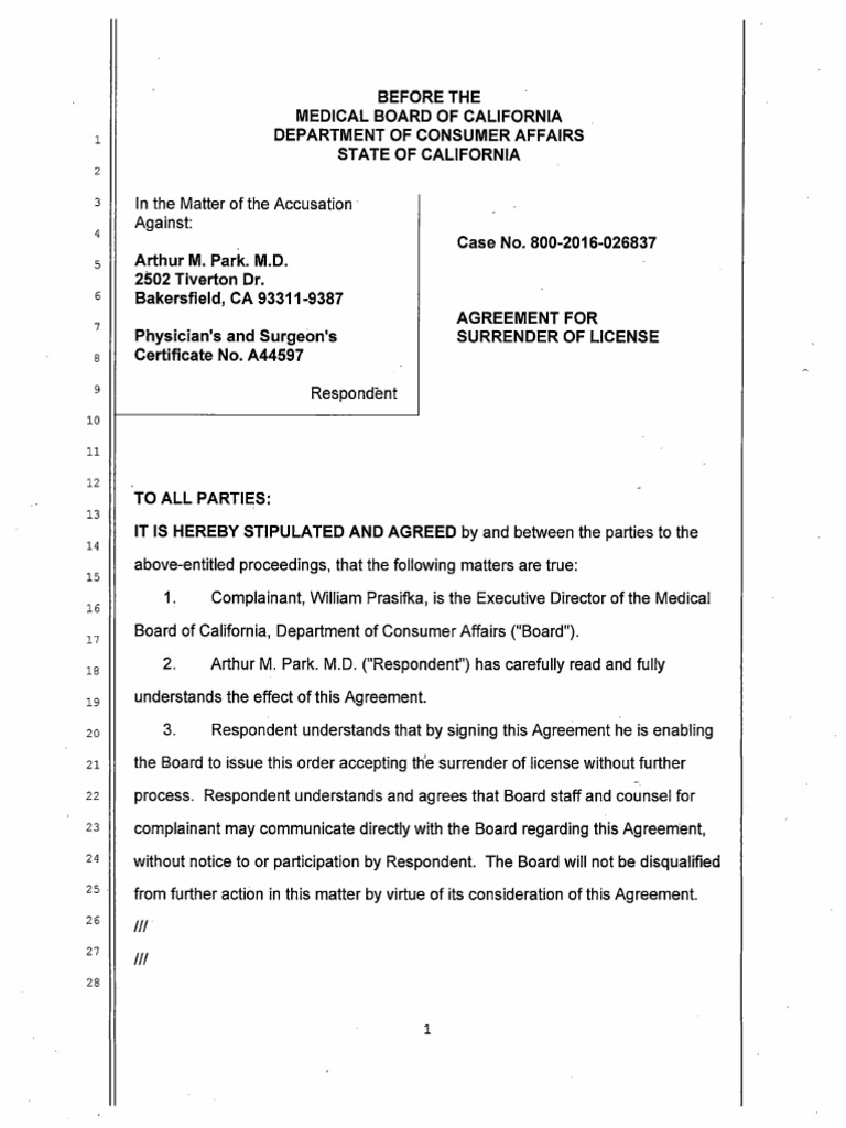 Agreement For Surrender of Medical License | PDF
