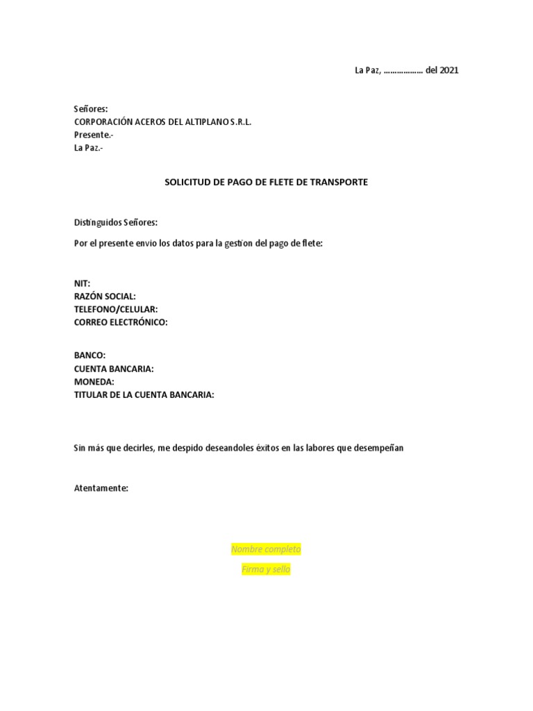 Solicitud de Pago de Flete de Transporte | PDF | Derecho