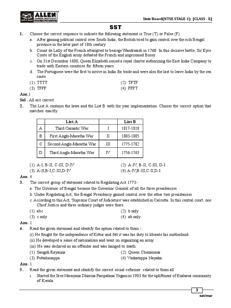 State Board NTSE Stage 1 Class X SST Questions | PDF | Government ...