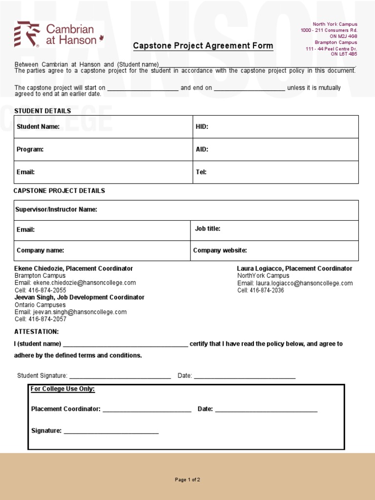 Capstone Project Agreement Form: 1000 - 211 Consumers Rd. On M2J 4G8 ...