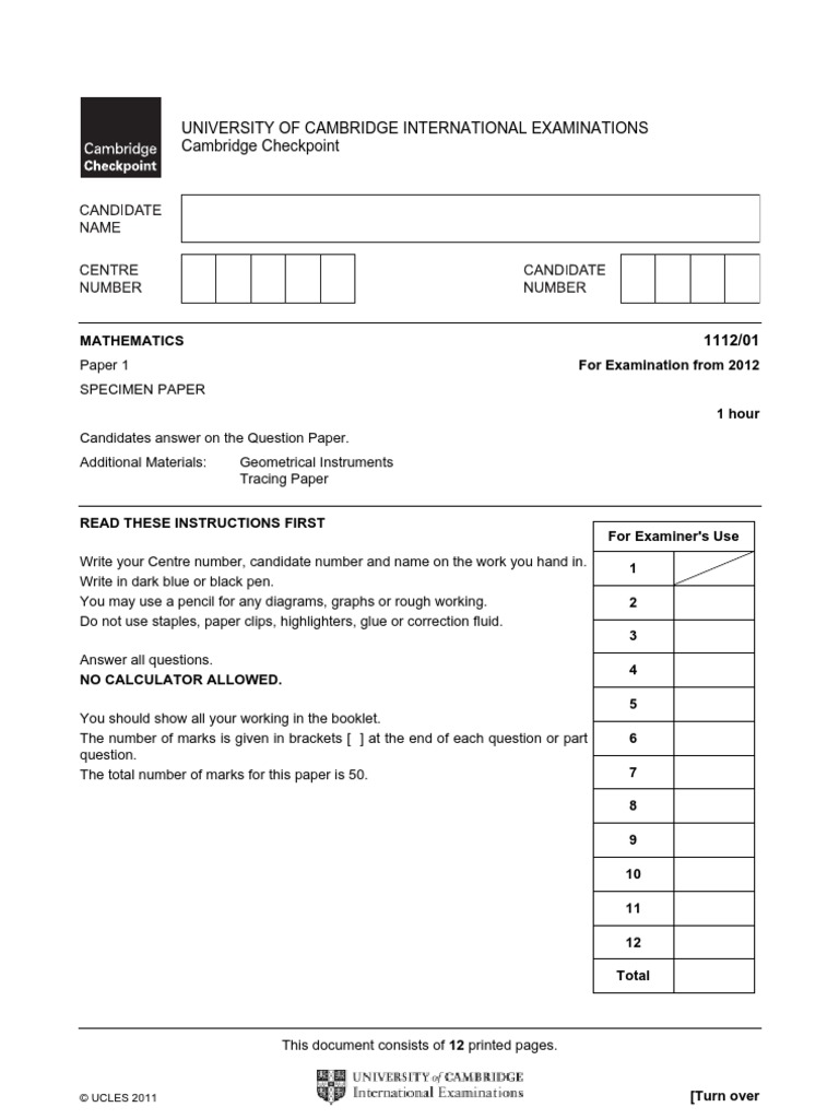 Cambridge Checkpoint Maths P1 Specimen 2012 | PDF | Teaching Mathematics