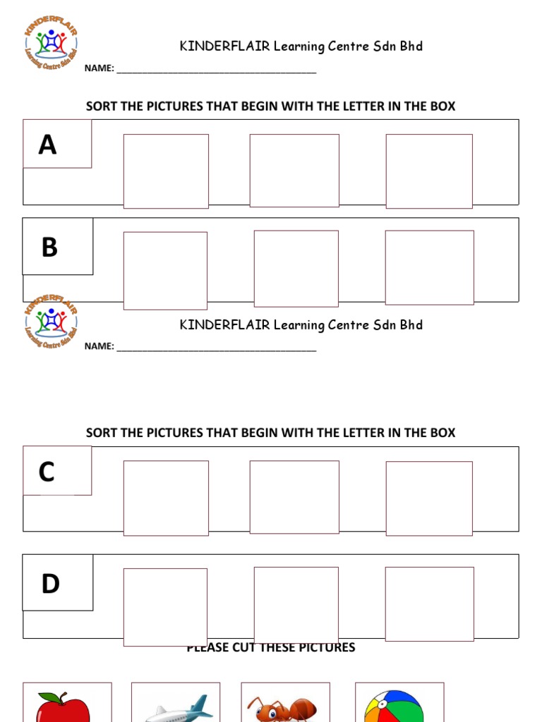 Sort The Pictures That Begin With The Letter in The Box: KINDERFLAIR ...