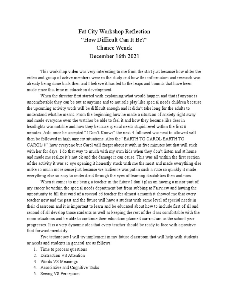 Fat City Workshop Reflection | PDF | Classroom | Teachers
