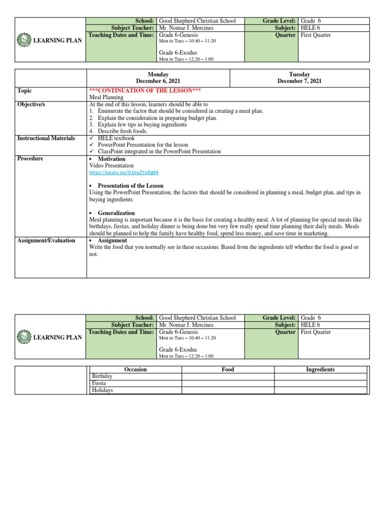 Learning-Plan HELE 6 - December 6 To 7 | PDF | Meal | Pedagogy