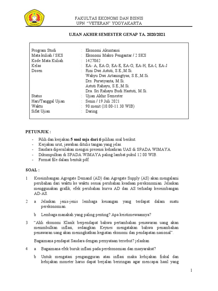 Soal UAS Ek Makro Pengant EA SMT GNP 2020-2021 | PDF