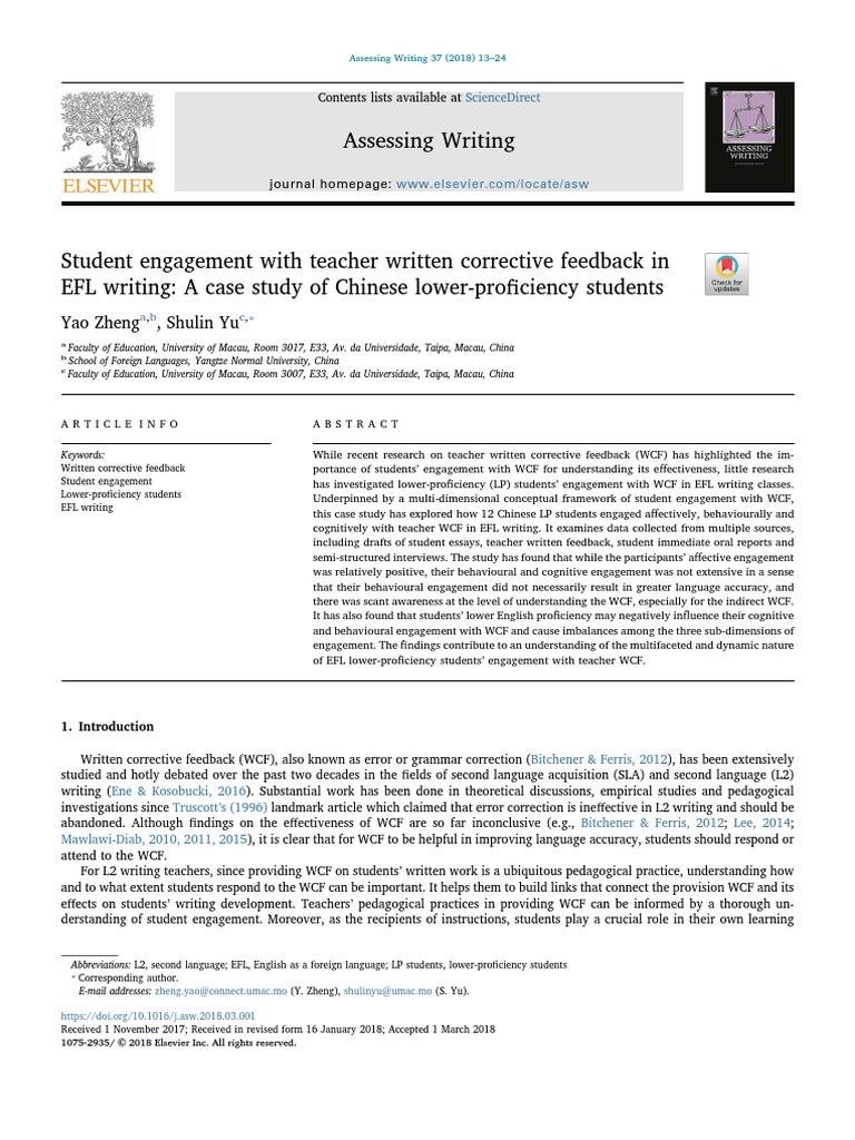 Assessing Writing: Yao Zheng, Shulin Yu | PDF | Teachers | Second ...