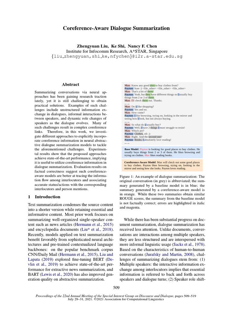 Coreference-Aware Dialogue Summarization | PDF | Cognitive Science ...