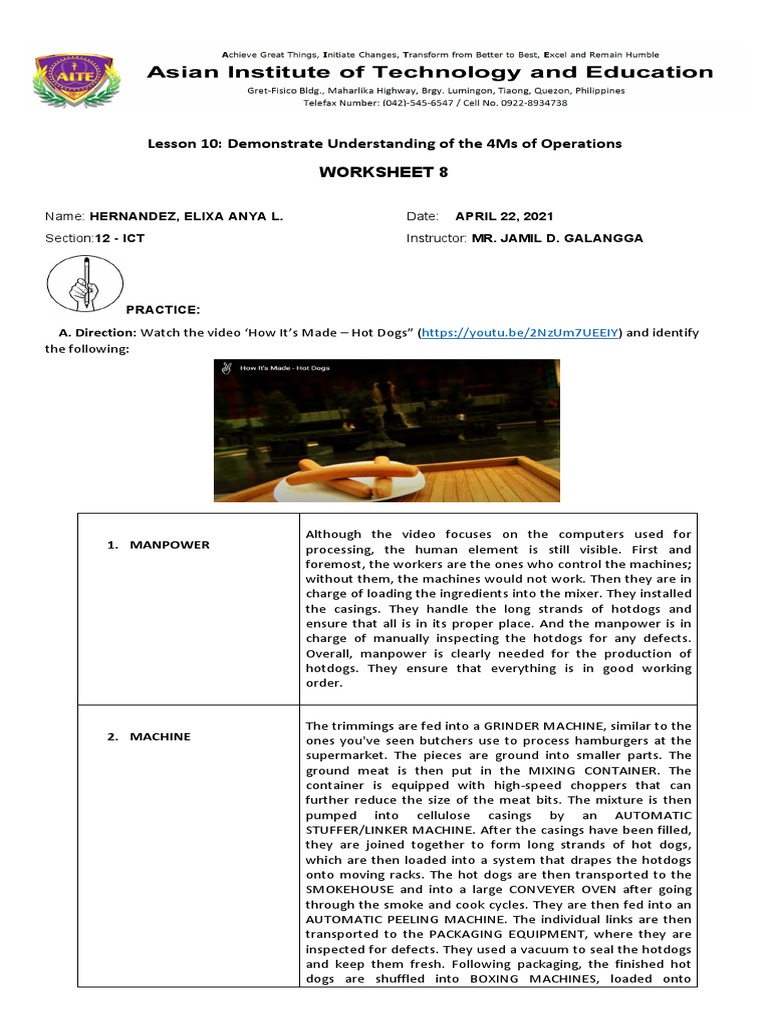 Lesson 10: Demonstrate Understanding of The 4Ms of Operations Worksheet 8 | PDF | Hot Dog ...