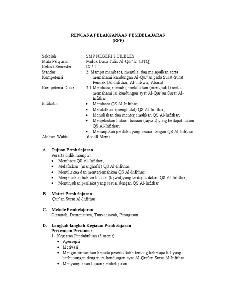 RPP Bta Kelas 9 Semester I | PDF