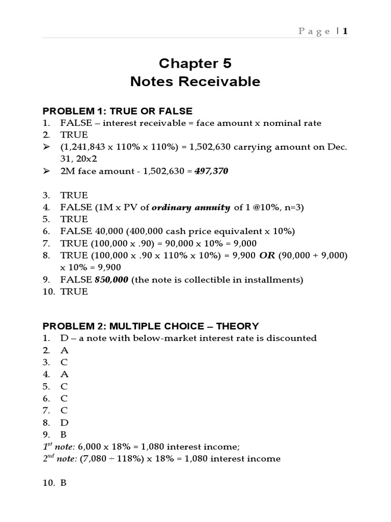 Notes Receivable: Problem 1: True or False | PDF | Money | Financial ...