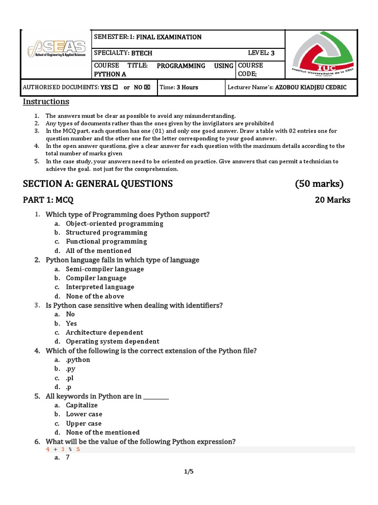 Section A: General Questions (50 Marks) : Instructions | PDF | Decimal ...