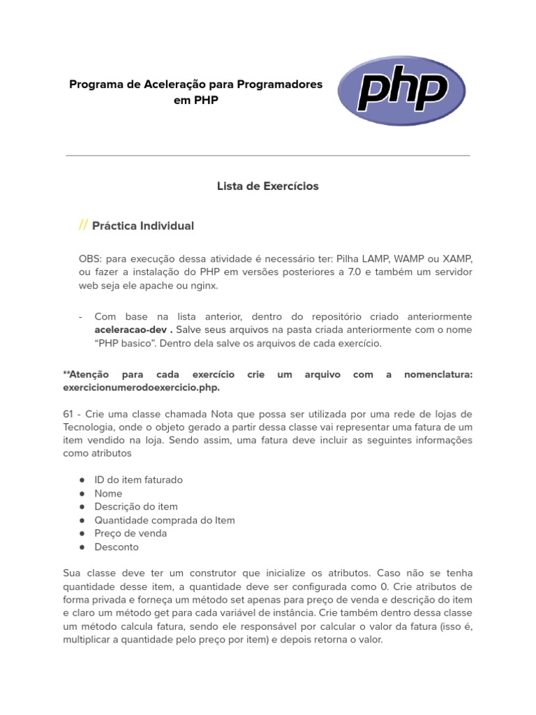 Aceleracao Php Lista De Exercicios 8 Introducao Poo Pdf Classe