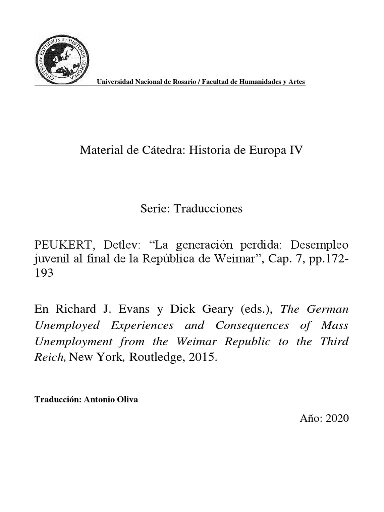 Detlev Peukert La Generación Perdida | PDF | Desempleo | Ciencias sociales