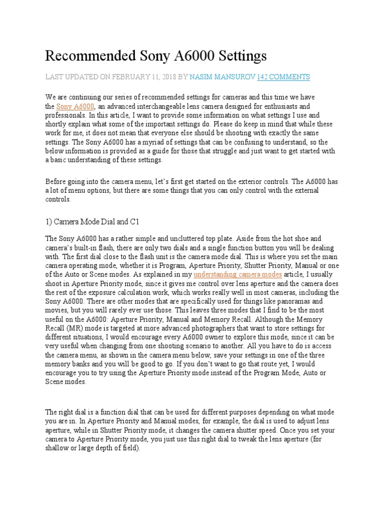 Recommended Sony A6000 Settings | PDF | Camera | Digital Camera Modes