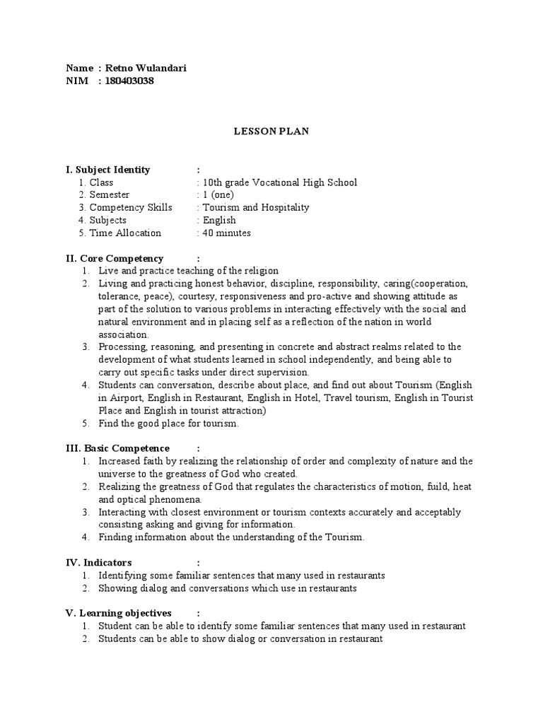 Lesson Plan Tourism | PDF | Waiting Staff | Competence (Human Resources)
