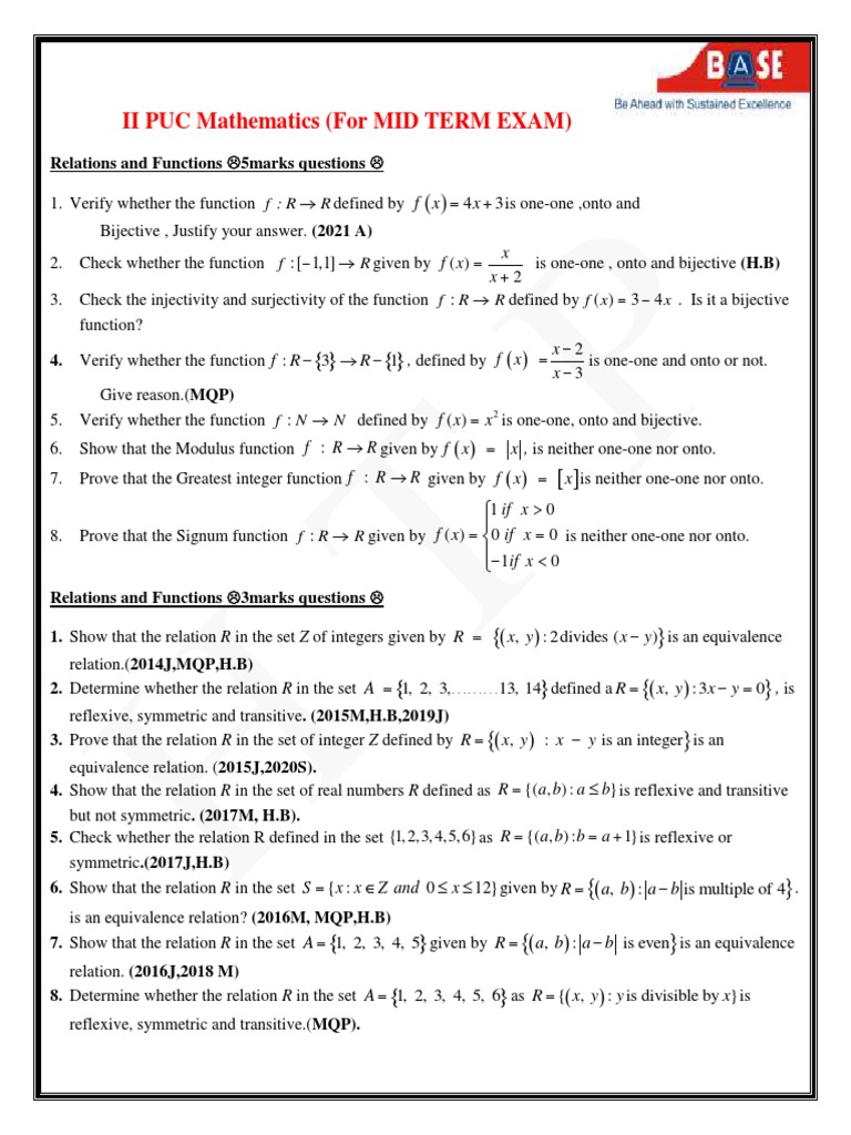 2nd PUC IMP (Mid Term) | PDF | Matrix (Mathematics) | Function ...